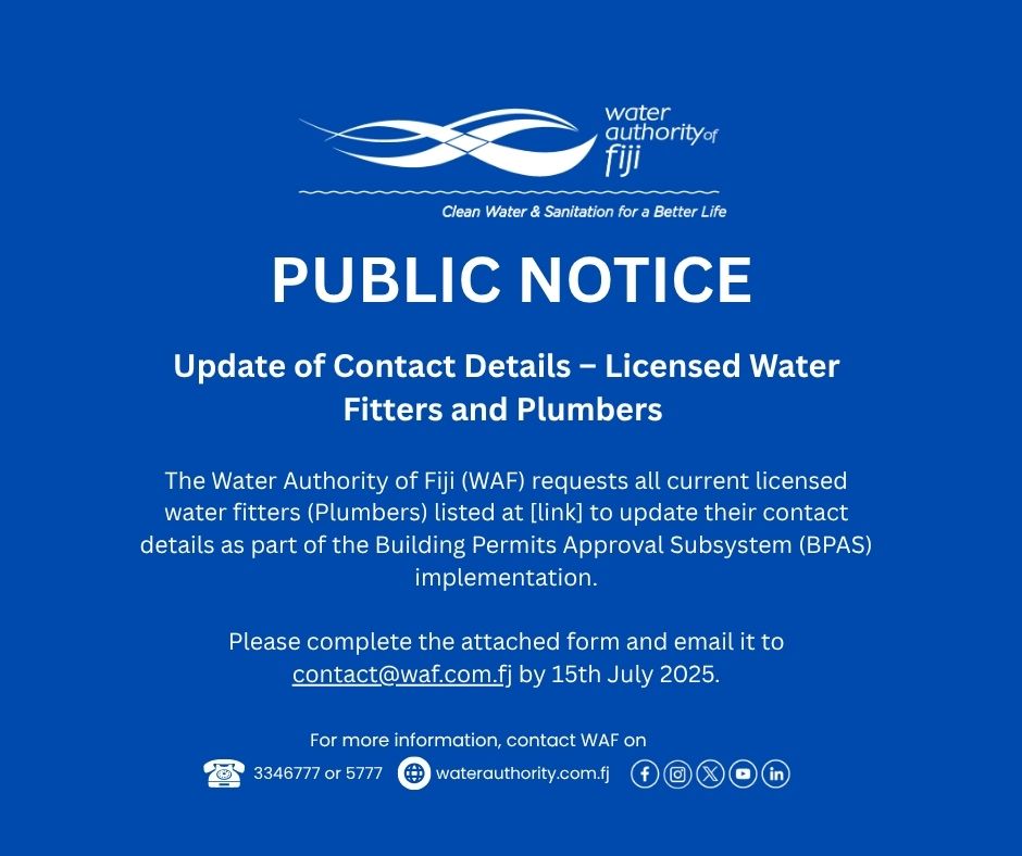 Public Advisory – Planned Water Disruption Notice – Water Authority of Fiji